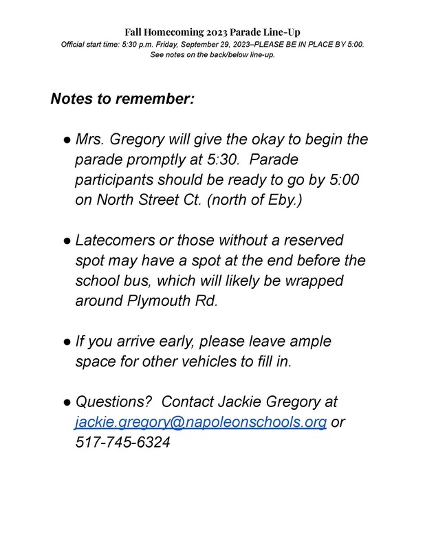 Homecoming Parade Line Up 2023 | Napoleon Community Schools